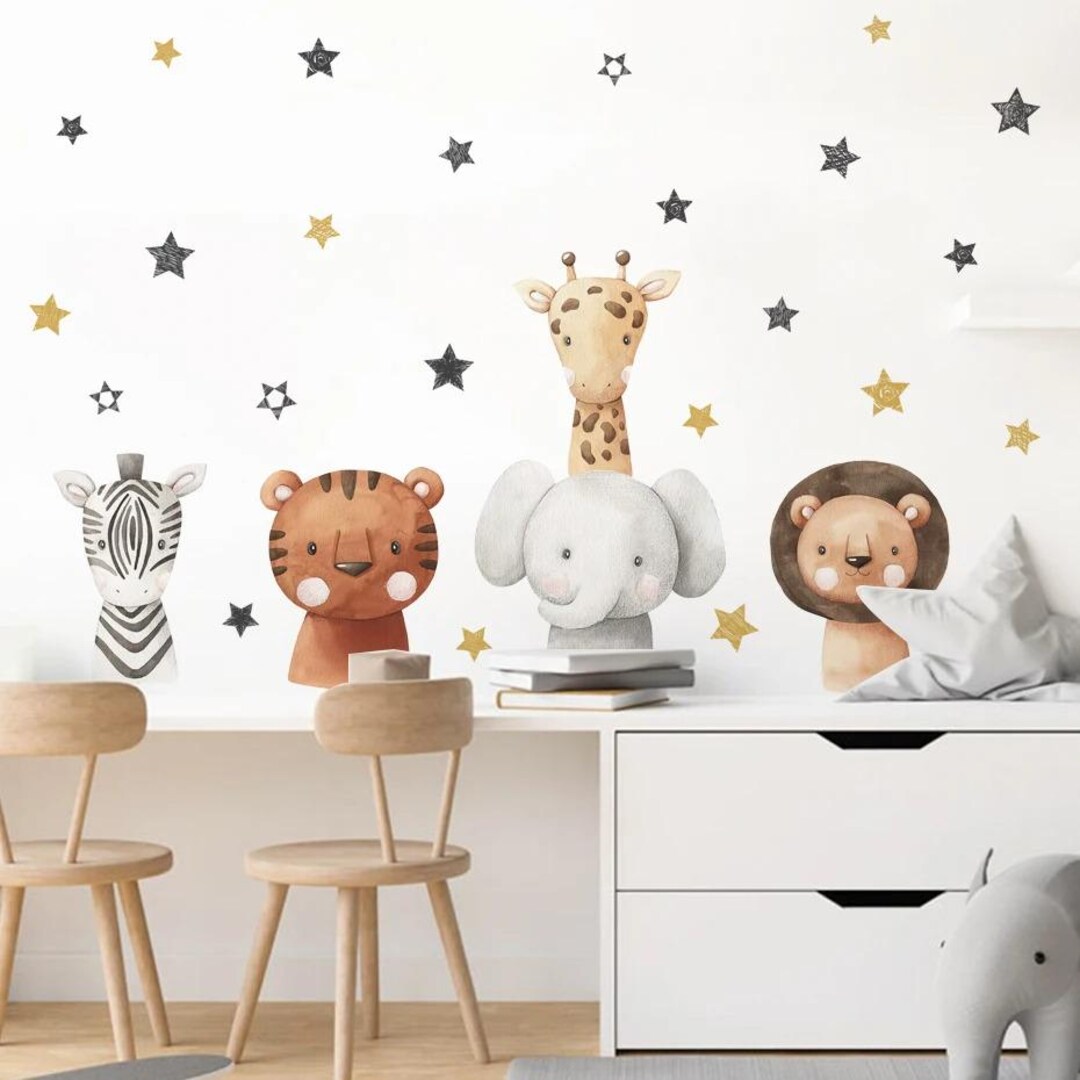 Children's Room Wall Sticker Cute Safari Animals & Stars Wall Decals ...