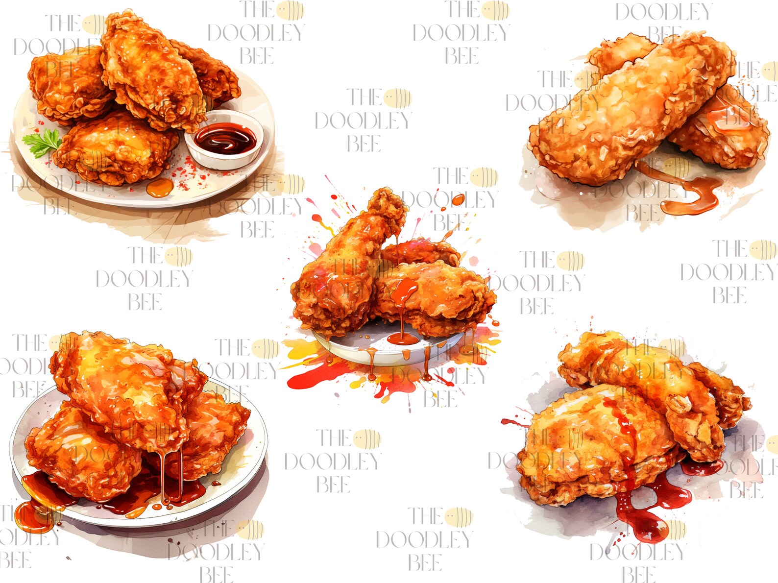 20 Fried Chicken Watercolor Clipart PNG Bundle, Commercial Use, Digital ...