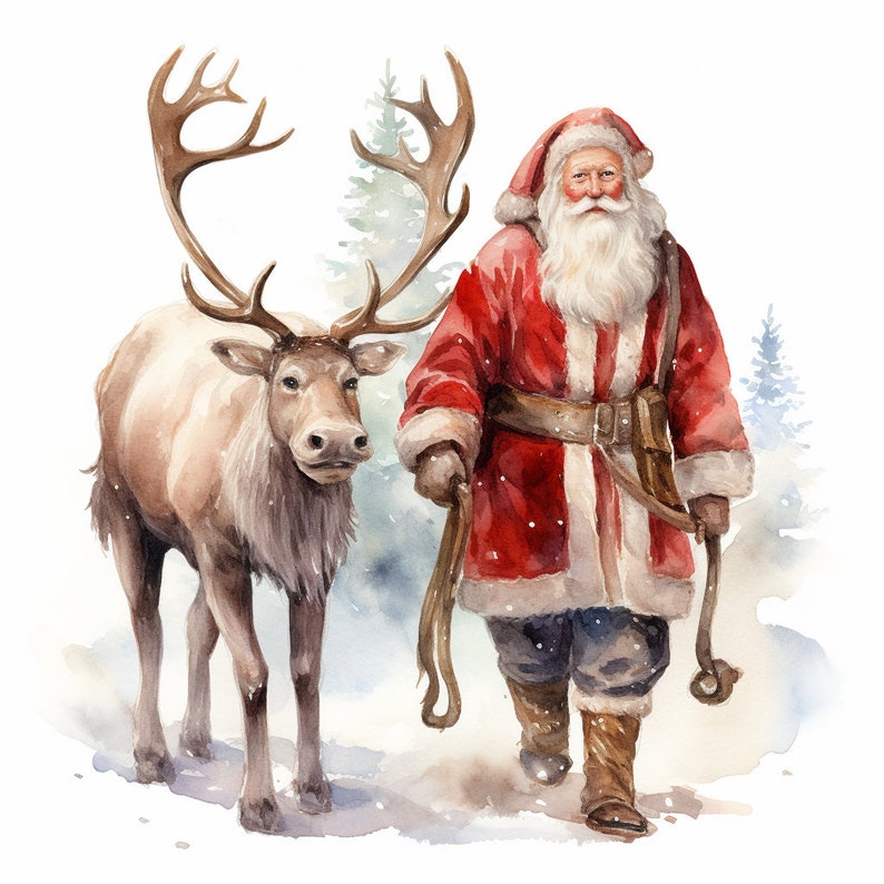 Watercolor Christmas Clipart PNG Bundle Santa Clause Rain - Etsy