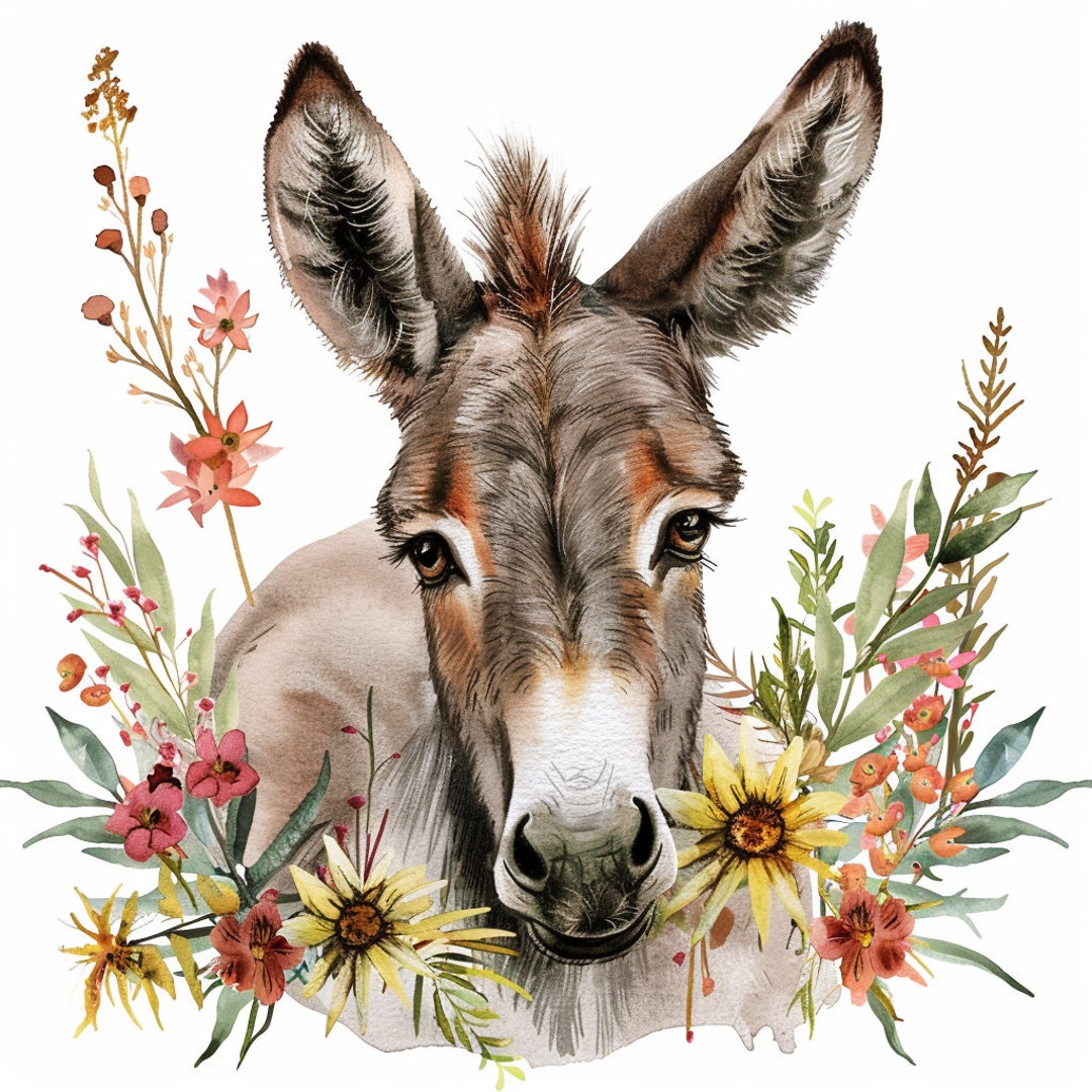 Watercolor Floral Donkeys Clipart, 12 High Quality Jpgs, Nursery Art ...