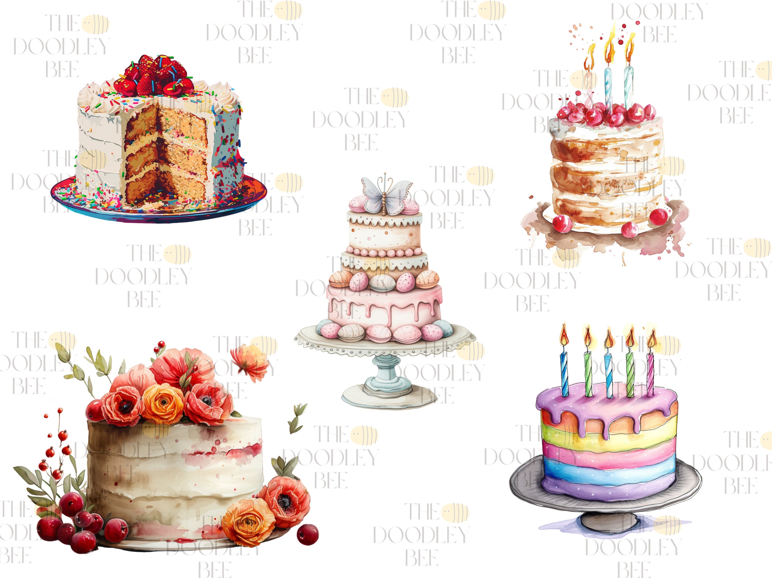 Watercolor Birthday Cakes Clipart, 25 High Quality Pngs, Nursery Art ...