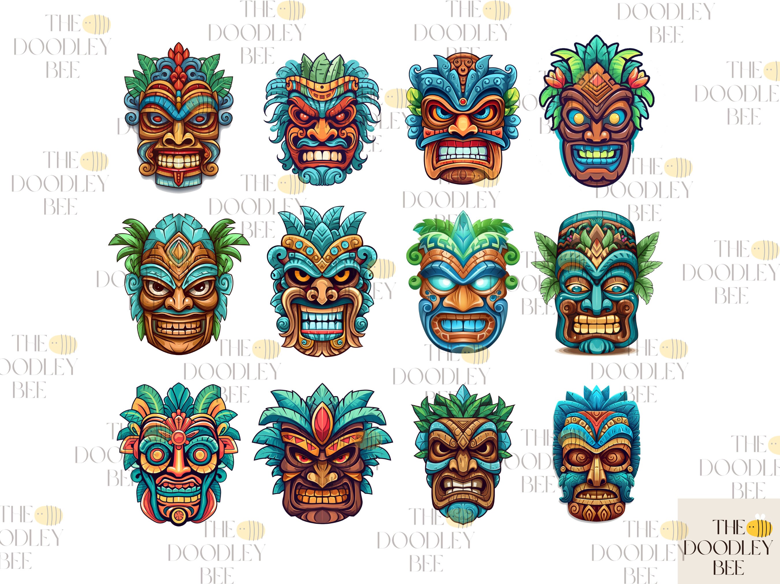 24 Traditional Tiki Mask Clipart Bundle for Commercial Use , Hawaiian ...