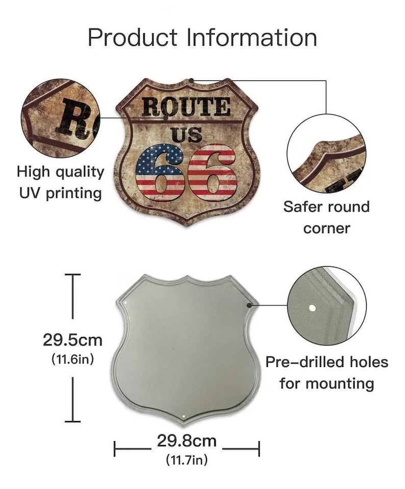 Route 66 Tin Sign – Vintage USA Shield Metal Wall Art Plaque for Garage ...