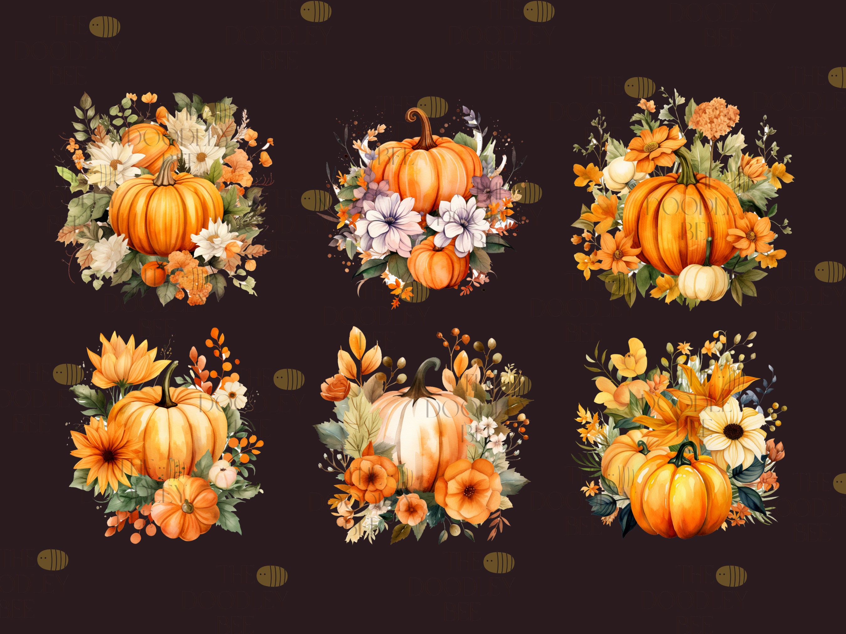 Pumpkin Bouquets Watercolor Clipart 16 Fall Clipart Digital - Etsy
