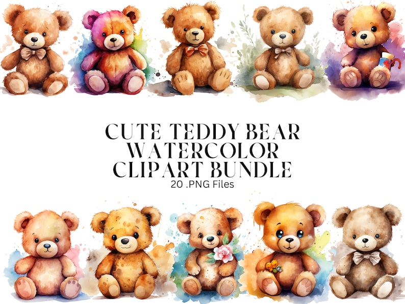 20 Watercolor Teddy Bears 20pc PNG Bundle | Teddy Bear PNG | Teddy Bear ...