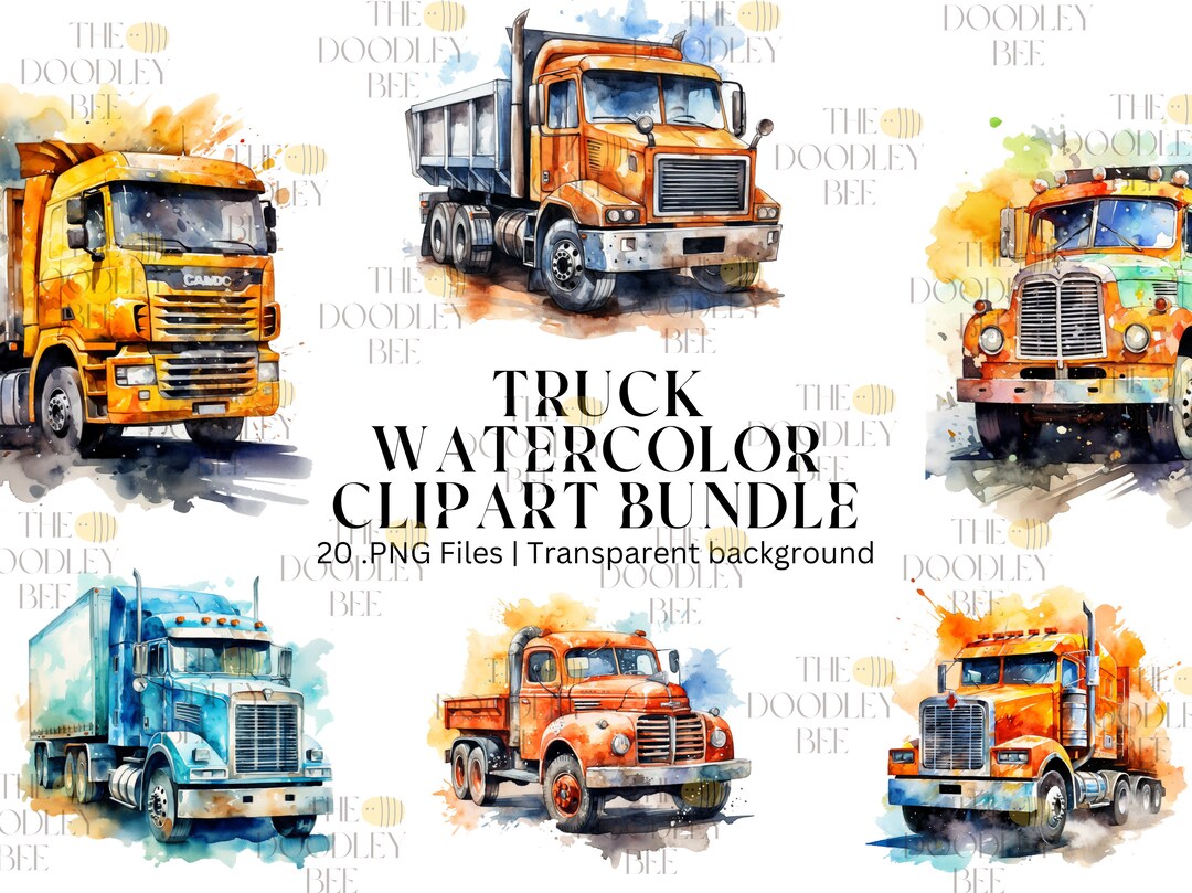 Watercolor 20 Truck Clipart PNG Bundle, Commercial Use, Digital ...