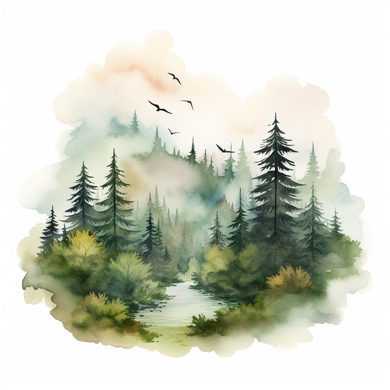 12 Cute Watercolor Forest Clipart, Wood Clip Art, Png. Digital ...