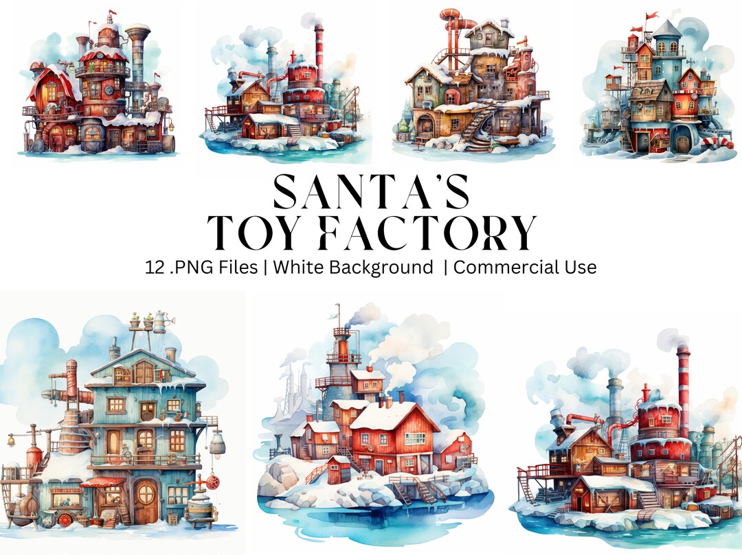 Watercolor Santa's Toy Factory 12 High Quality Jpgs, Merry Christmas ...