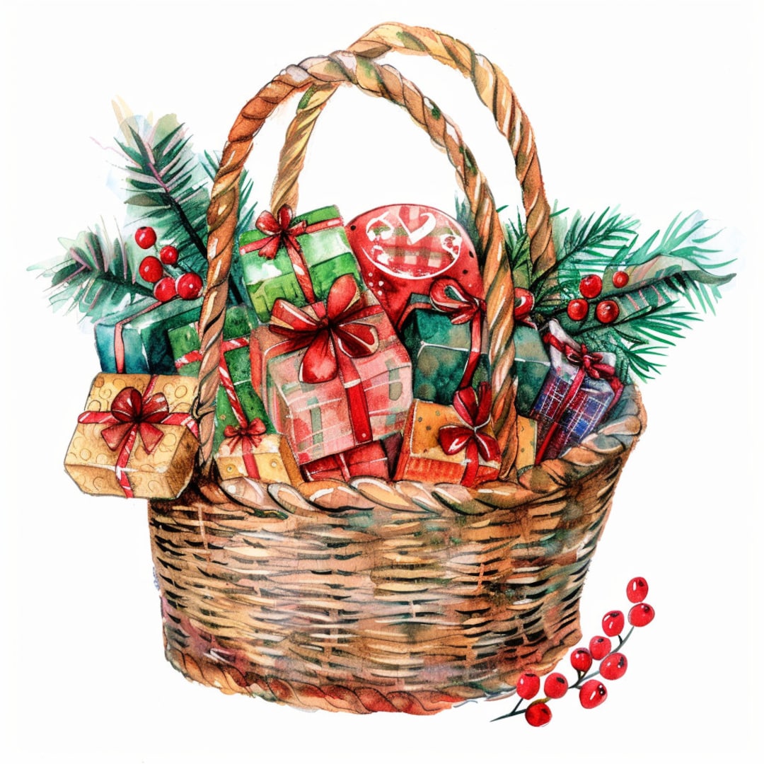 Watercolor Christmas Gift Basket Cliparts Bundle, 12 Graphics for ...
