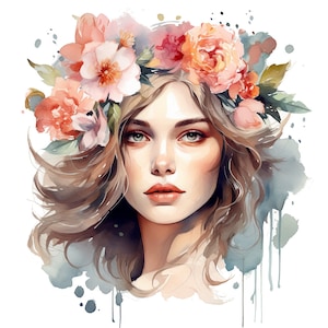 Watercolor Young Woman Clipart, 10 Flower Faces Clipart Bundle ...