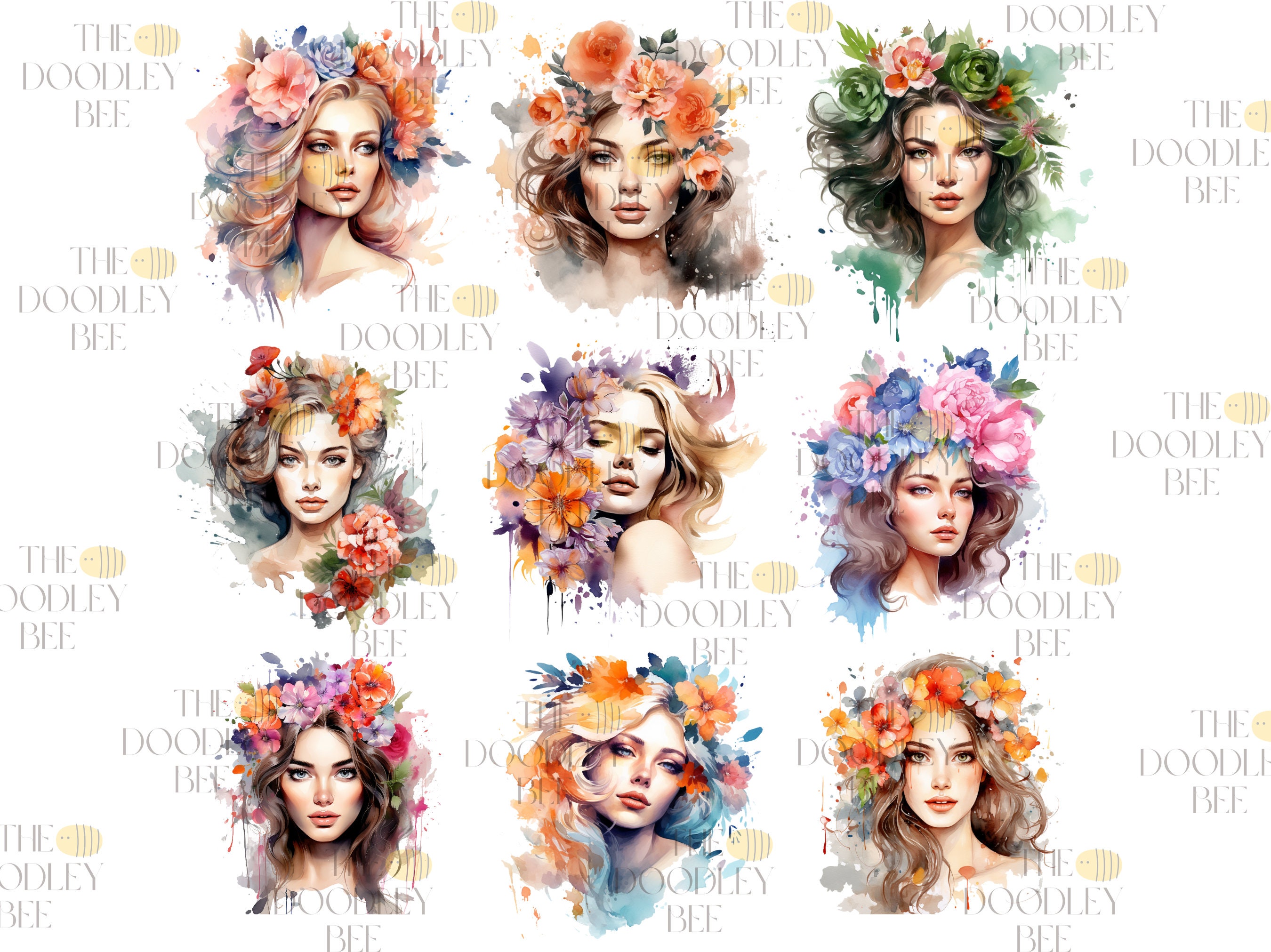 Watercolor Young Woman Clipart, Flower Faces Clipart Bundle, Beautiful ...