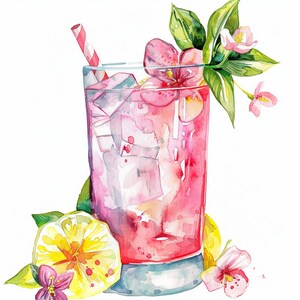 Watercolor Floral Pink Drinks Clipart Bundle Girly Graphics ...