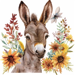 Watercolor Floral Donkeys Clipart, 12 High Quality Jpgs, Nursery Art ...