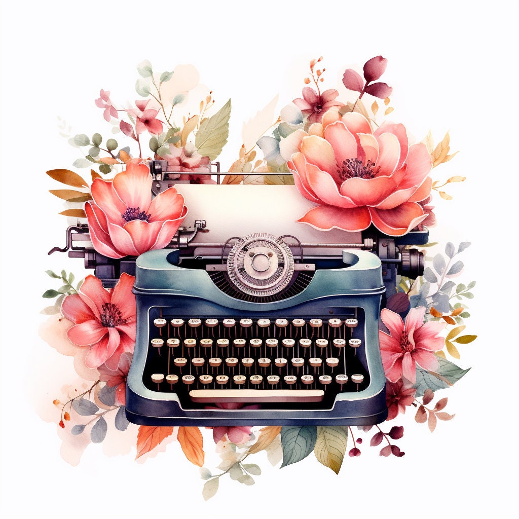Floral Typewriter Clipart, 12 High Quality PNG, Watercolor, Instant ...