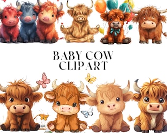 Cute Baby Cow Watercolor Clipart, Digital Download, Nursery Wall Art ...