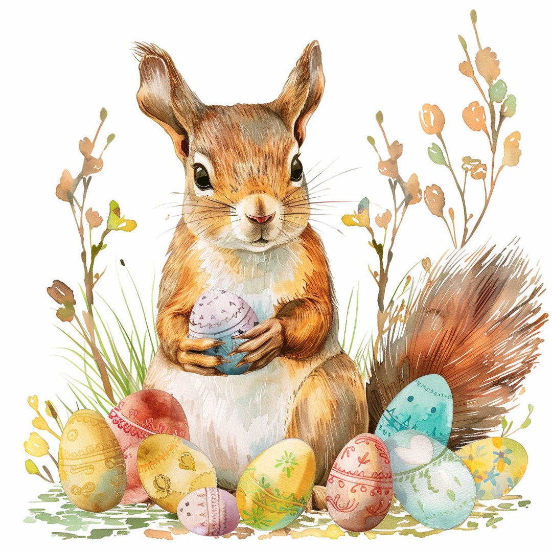Watercolor Easter Squirrel 12 Png Graphics, Easter Png Clipart Bundle ...