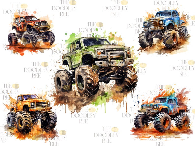 2o Monster Truck Watercolor Clipart Bundle for Commercial Use Instant ...