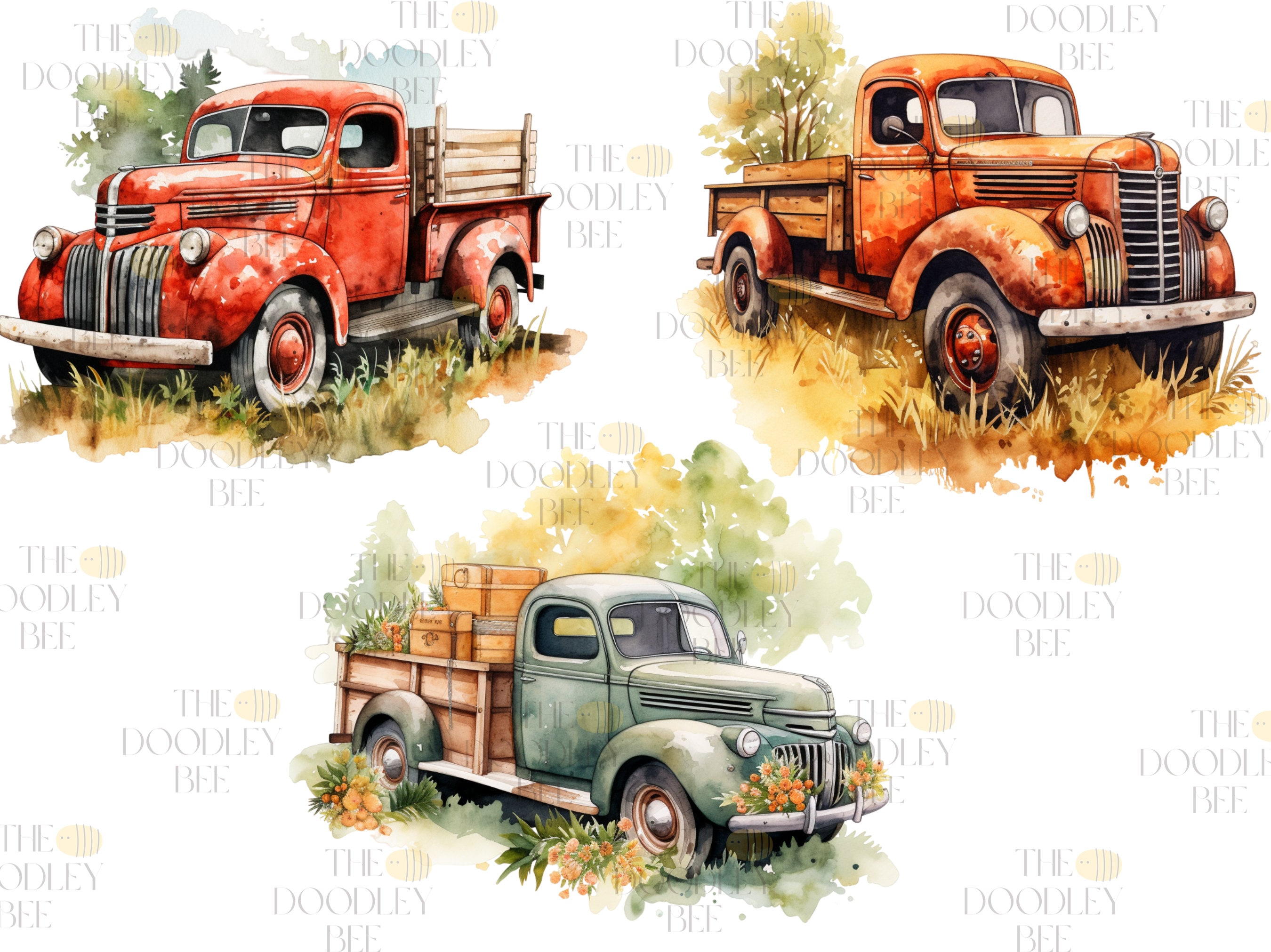 Watercolor Vintage Farm Truck 12 Clipart PNG Bundle, Commercial Use ...