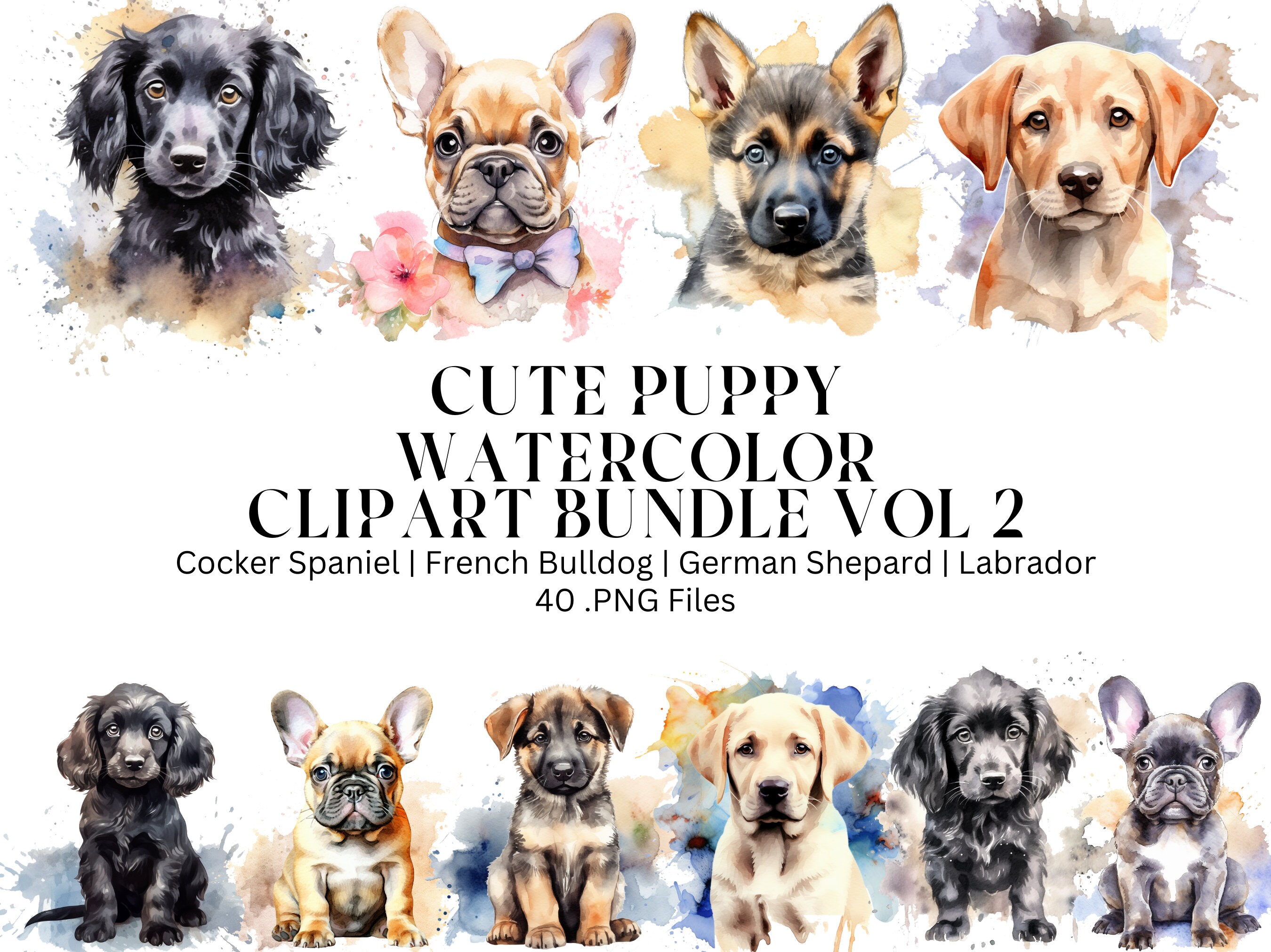 40 Cute Puppy Watercolor Clipart PNG Bundle, Commercial Use, Digital ...