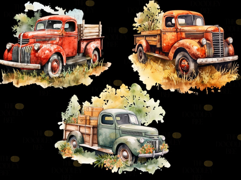 Watercolor Vintage Farm Truck 12 Clipart PNG Bundle, Commercial Use ...