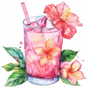 Watercolor Floral Pink Drinks Clipart Bundle Girly Graphics ...