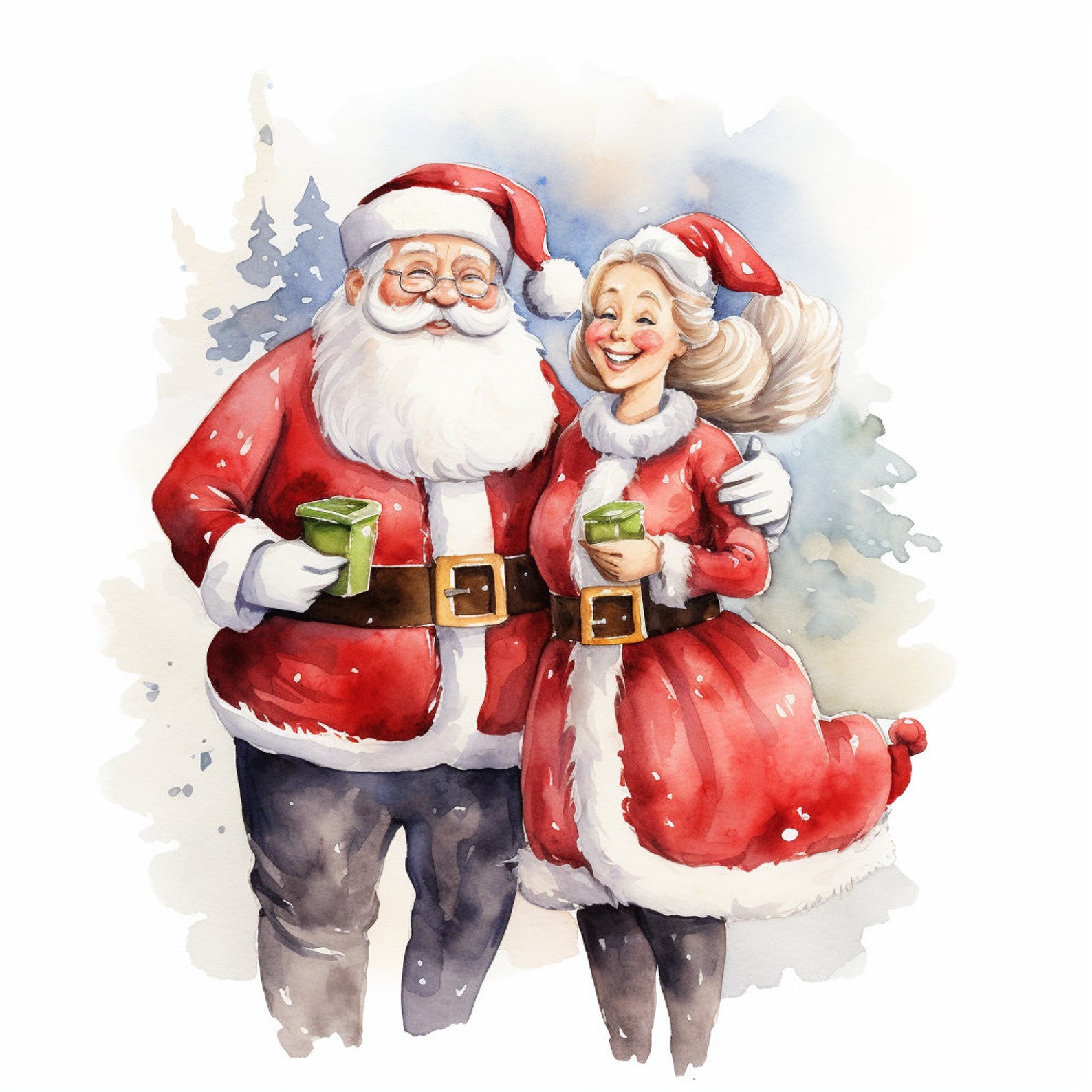 Watercolor Christmas Clipart PNG Bundle Santa Clause Rain - Etsy