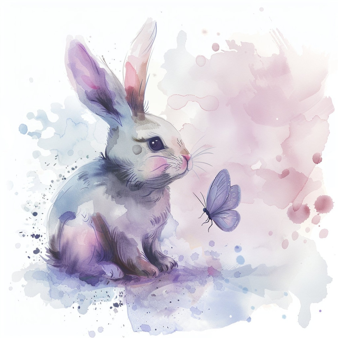 12 Bunny and Butterfly Clipart Bundle, Spring Designs, Watercolor Bunny ...