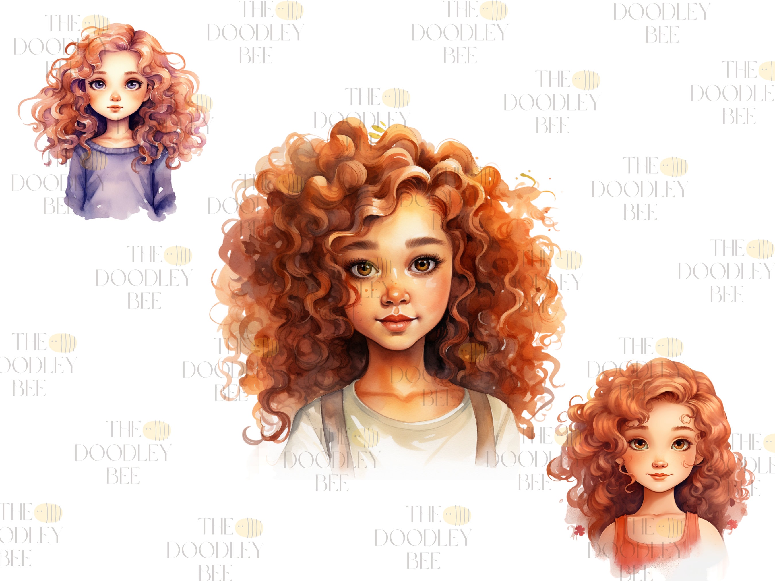 Curly Hair Girl Watercolor Clipart Bundle, Transparent PNG, Digital ...
