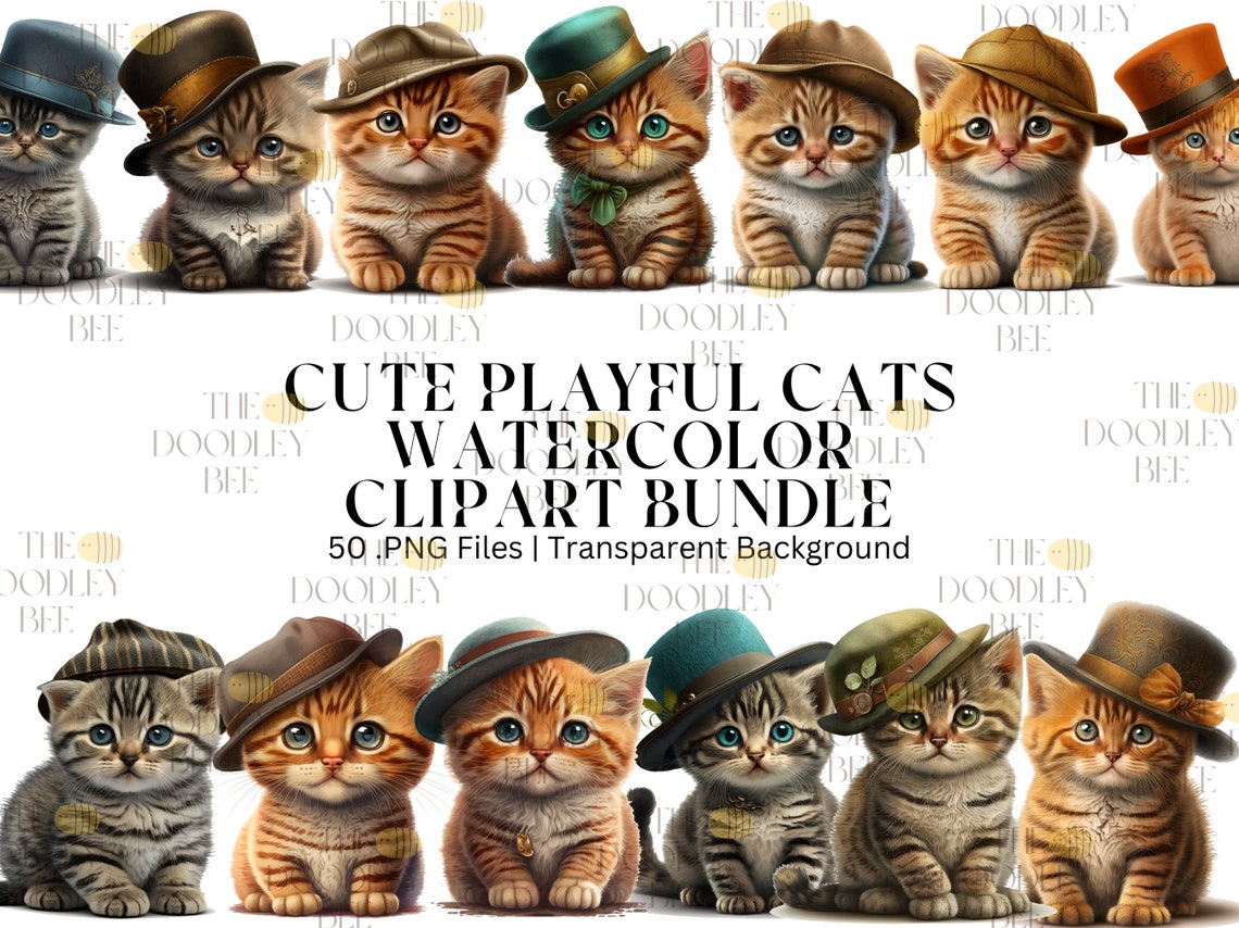 Cute Kawaii Cat Clipart Bundle 50 PNG Designs for Animal Stickers Black ...