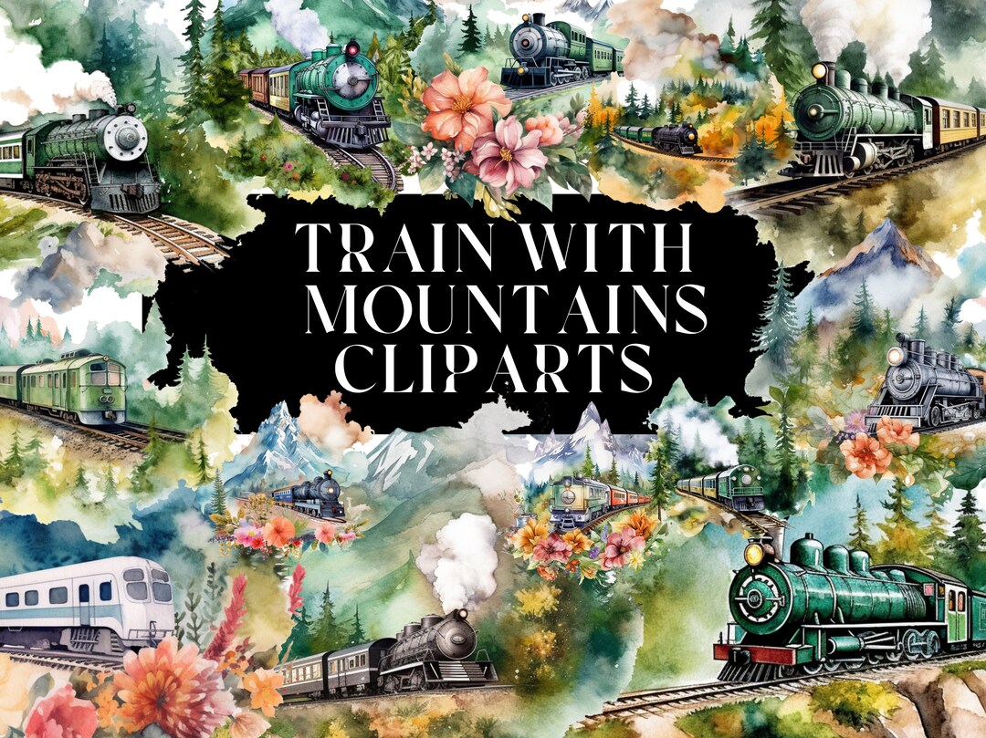 20 Watercolor Trains Traveling Through Mountains and Flowers Clipart ...