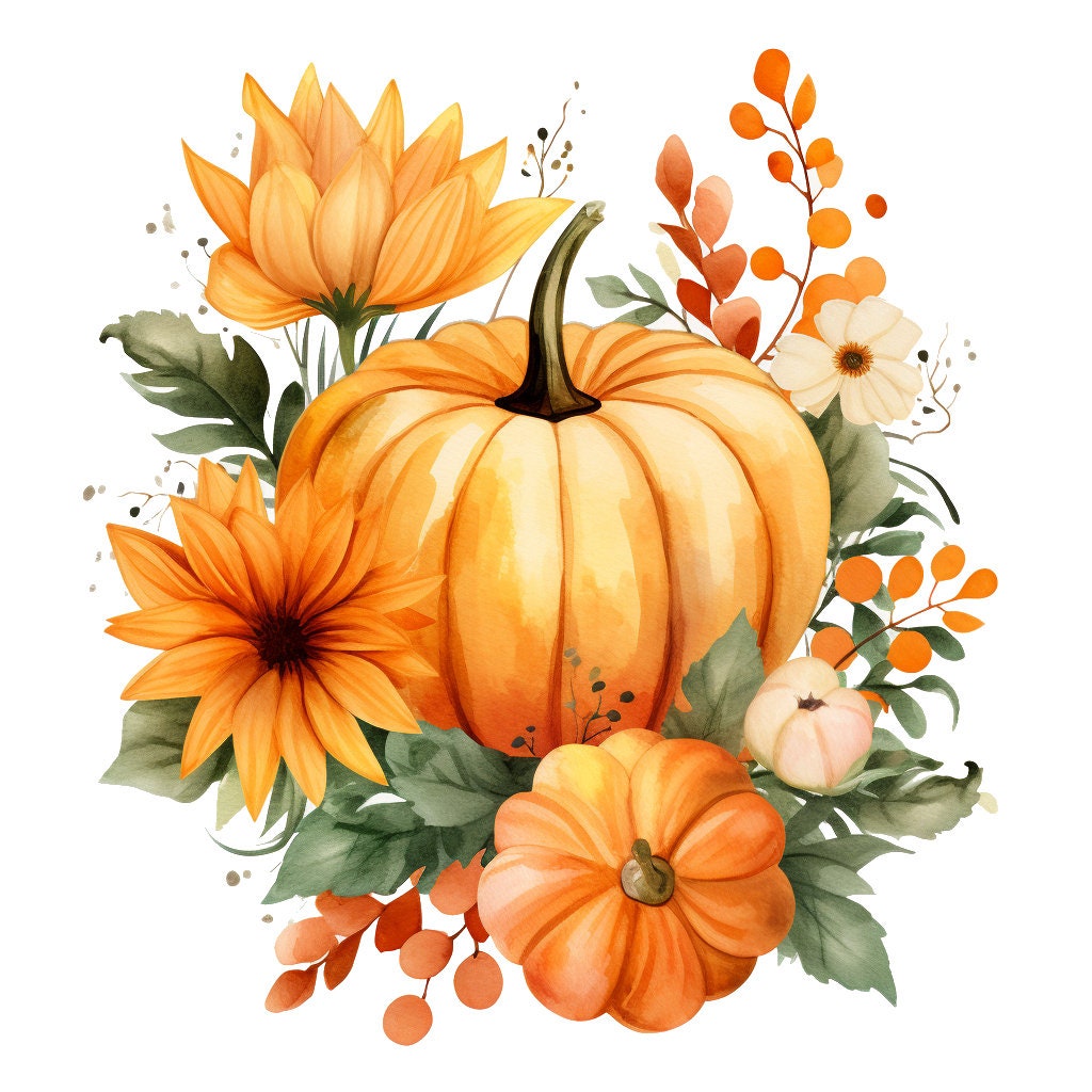 Pumpkin Bouquets Watercolor Clipart, 10 Fall Clipart Digital Download ...