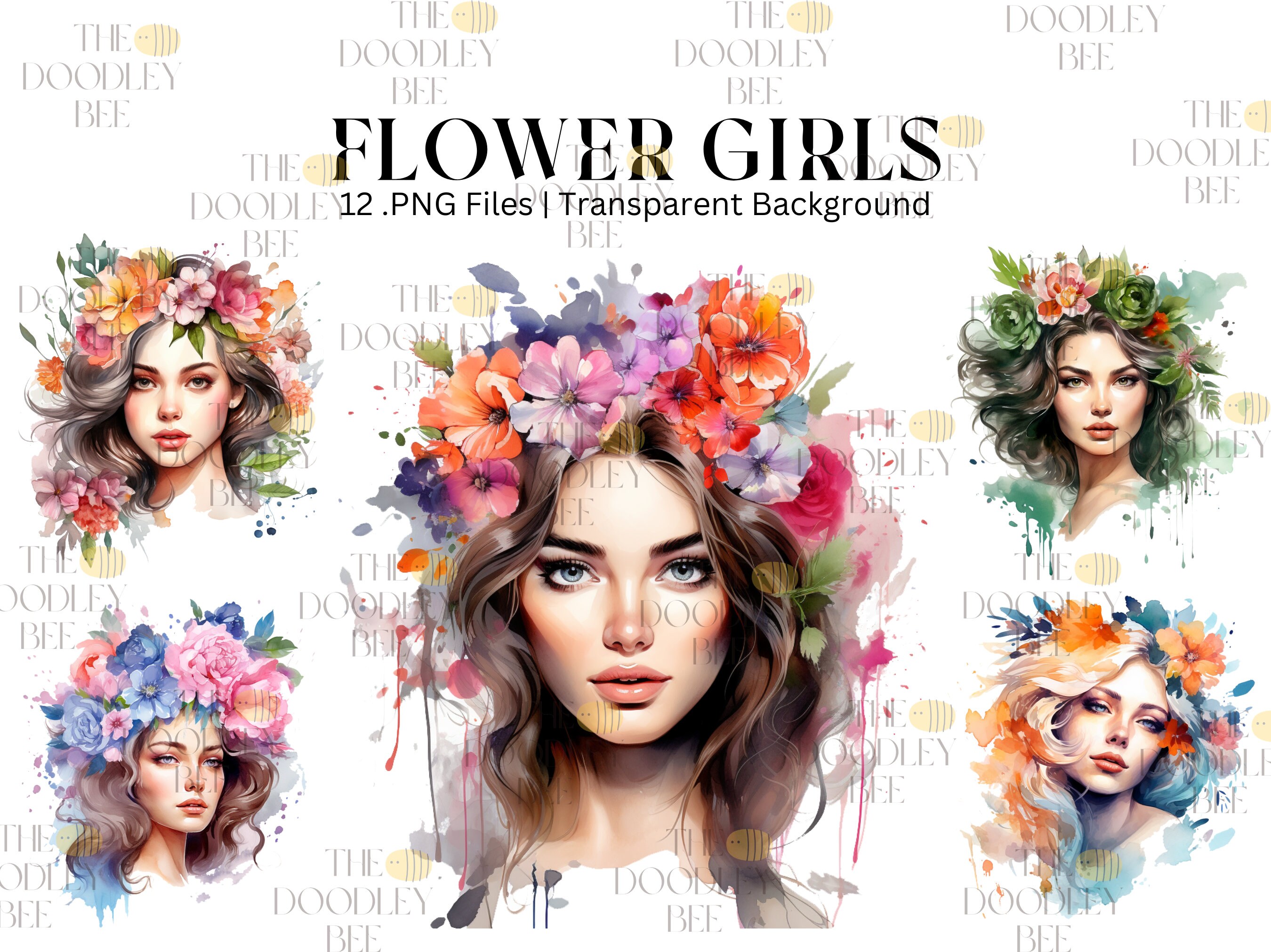 Watercolor Young Woman Clipart, Flower Faces Clipart Bundle, Beautiful ...