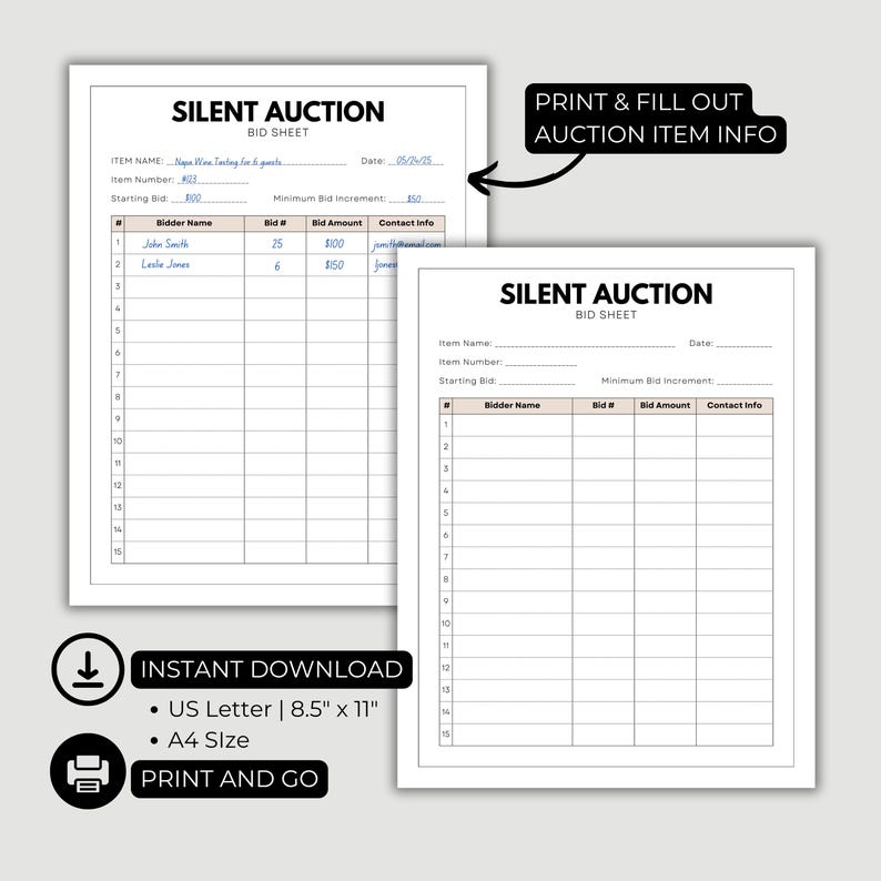 Auction Bid Sheet | Instant Download | Silent Auction Bid Sheet ...