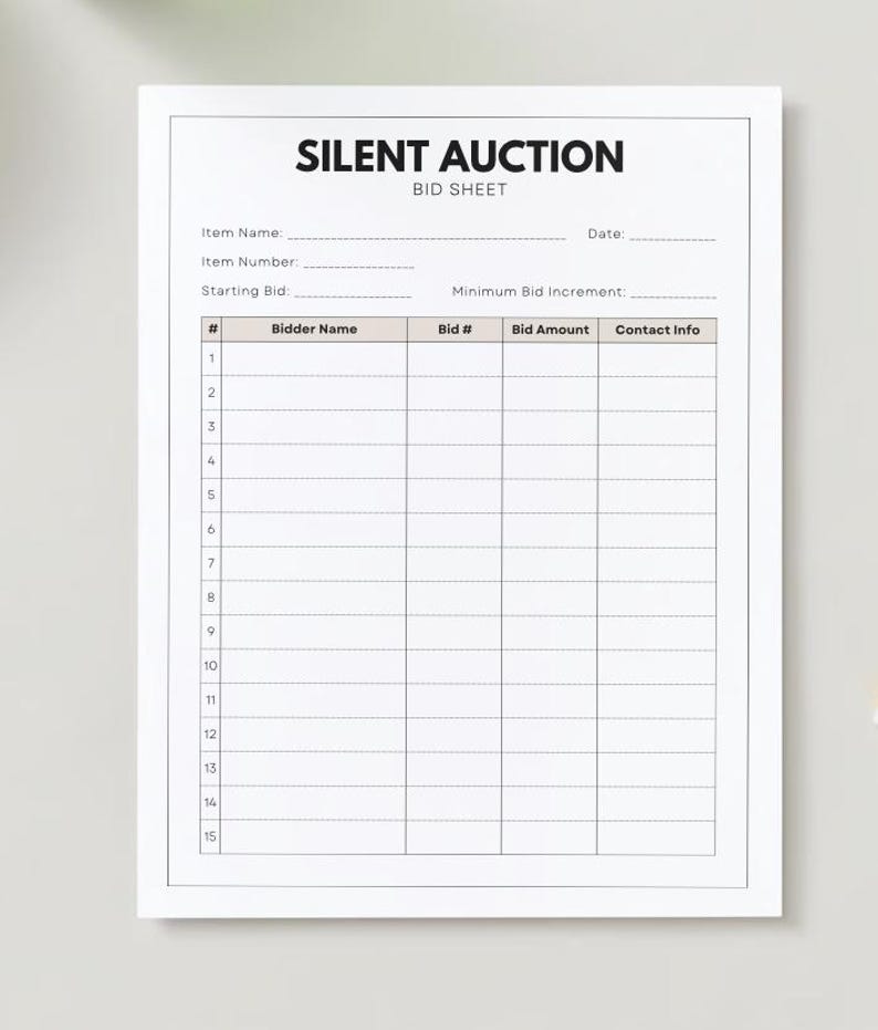 Auction Bid Sheet | Instant Download | Silent Auction Bid Sheet ...