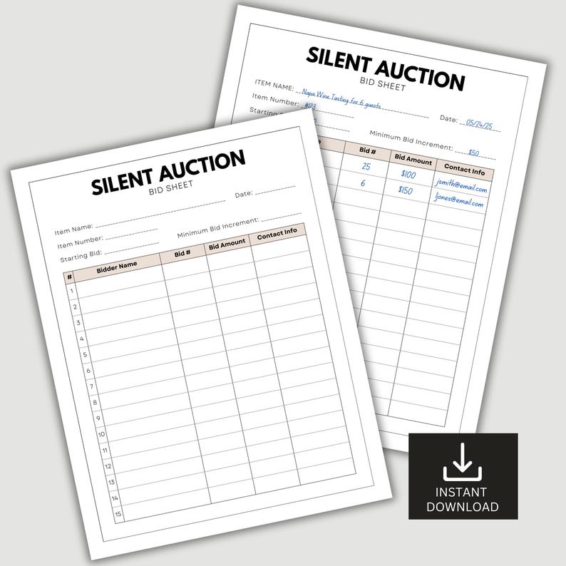 Auction Bid Sheet | Instant Download | Silent Auction Bid Sheet ...