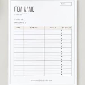 Auction Bid Sheet Template | Fundraiser Event (canva Editable, Digital ...