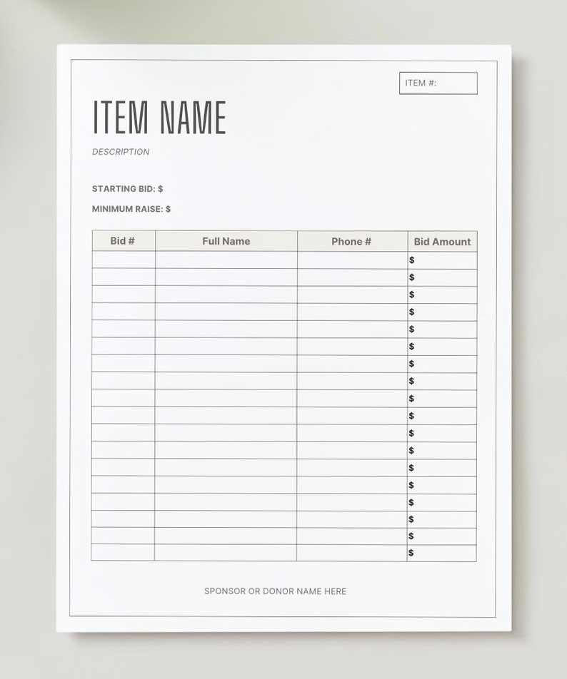 Auction Bid Sheet Template | Fundraiser Event (canva Editable, Digital ...