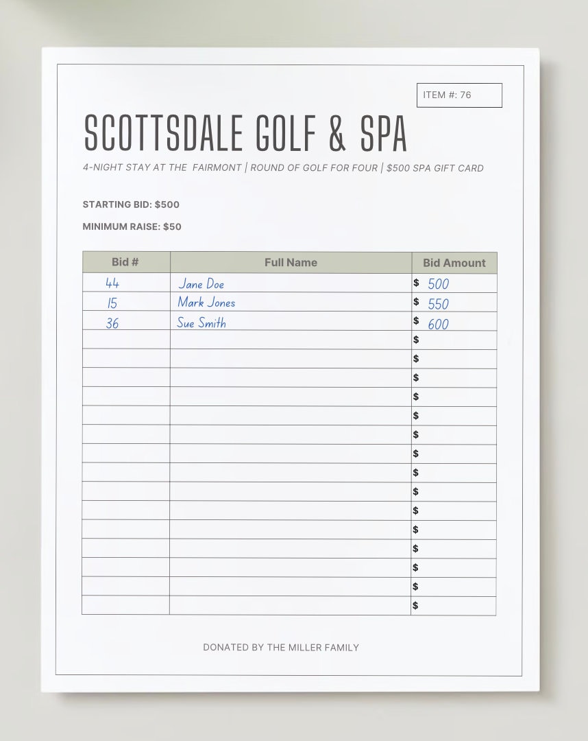 Auction Bid Sheet Template | Fundraiser Event (canva Editable, Digital ...