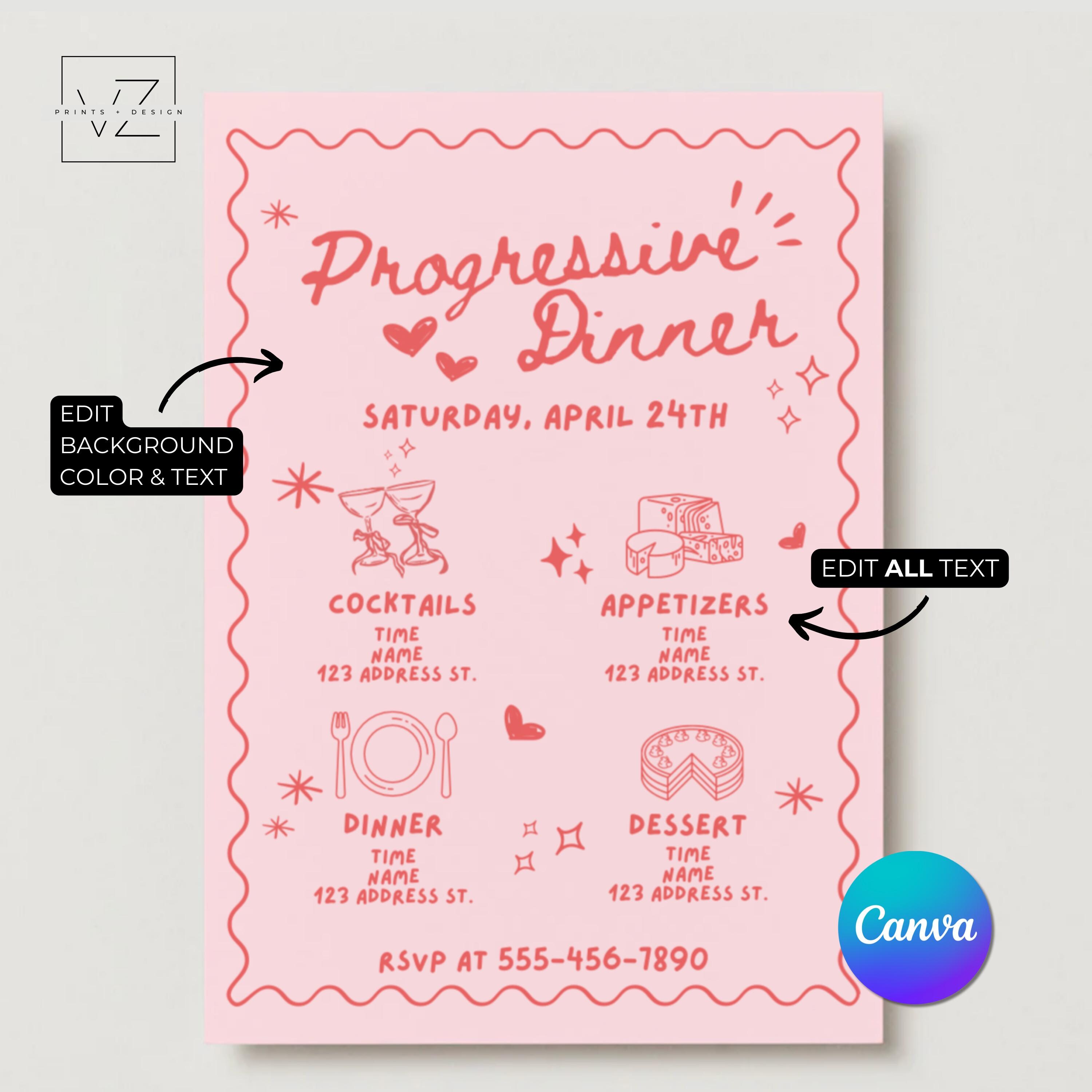 Editable Progressive Dinner Invitation | Supper Club Canva Template ...