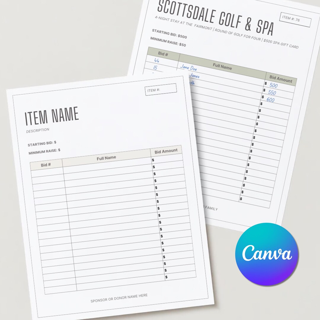 Auction Bid Sheet Template | Fundraiser Event (canva Editable, Digital ...