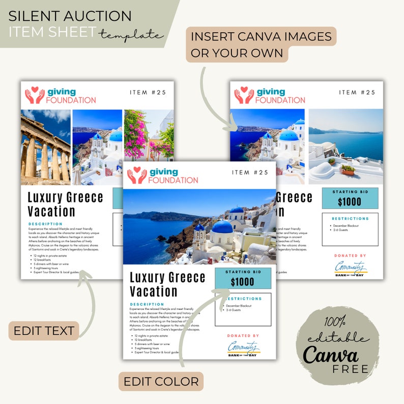 Silent Auction Item Sheet Template | Fundraising Event Display (canva ...