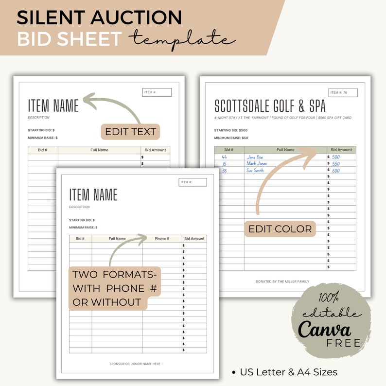 Auction Bid Sheet Template | Fundraiser Event (canva Editable, Digital ...
