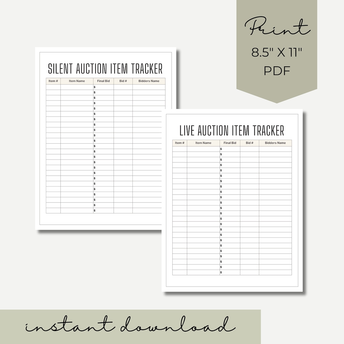 Auction Tracking Sheet | Charity Tracker | Auction Printable | Auction ...