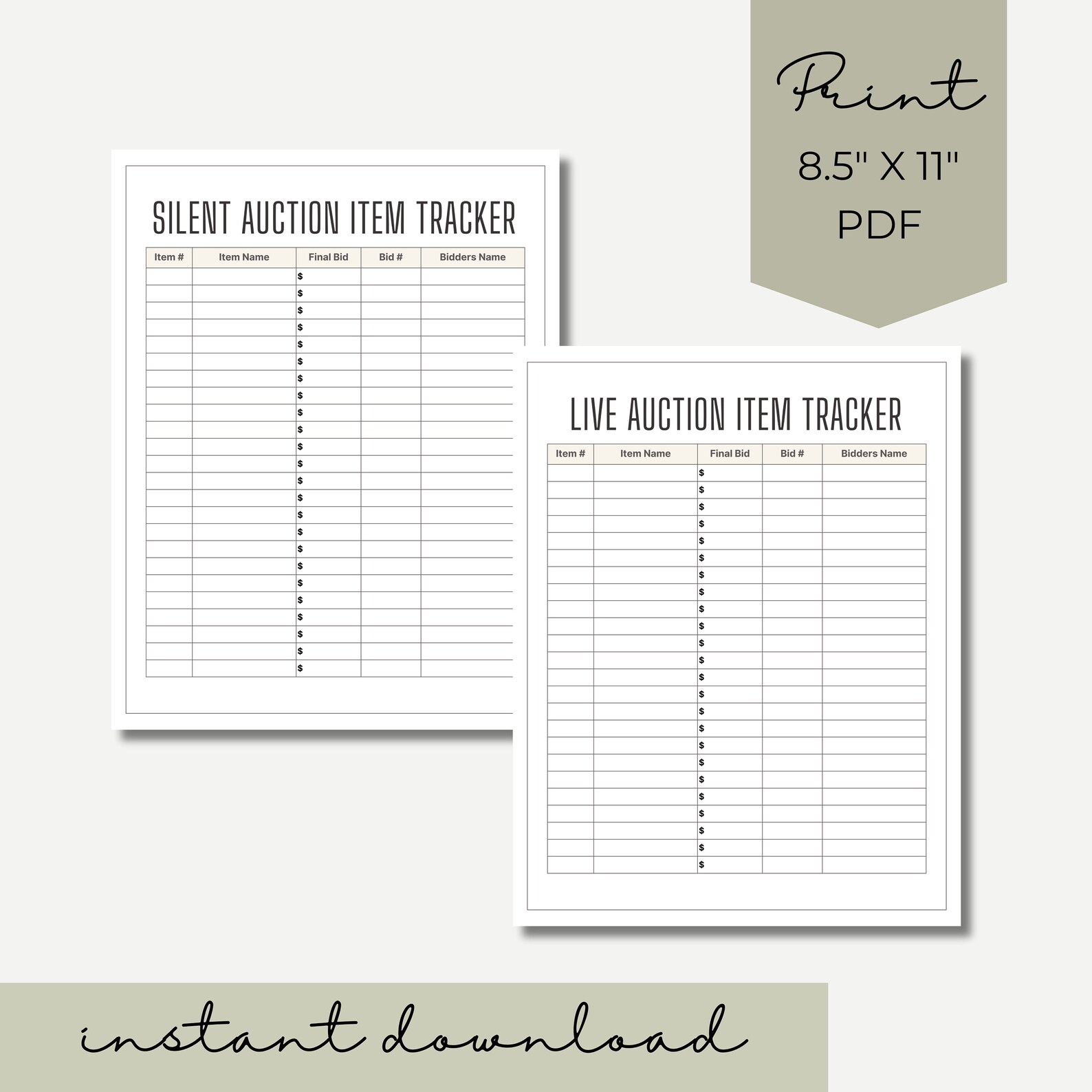 Auction Tracking Sheet | Live & Silent Bid Tracker (digital Download ...