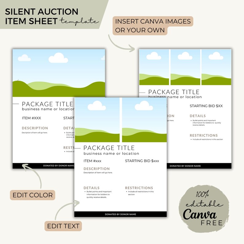 Silent Auction Item Sheet Template | Canva Editable (digital Download ...