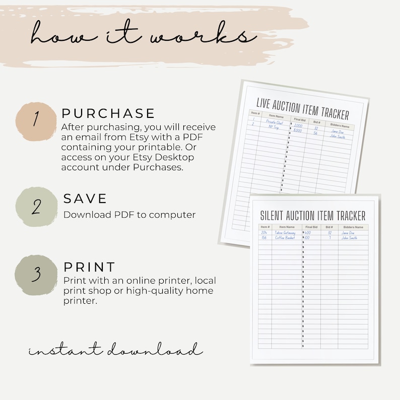 Auction Tracking Sheet | Charity Tracker | Auction Printable | Auction ...