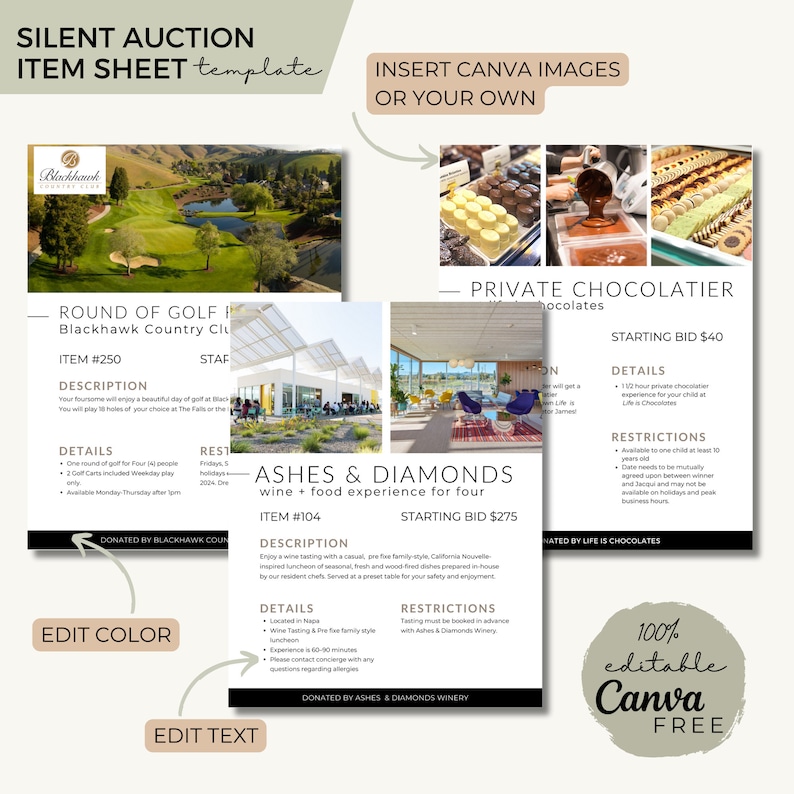 Silent Auction Item Sheet Template | Canva Editable (digital Download ...