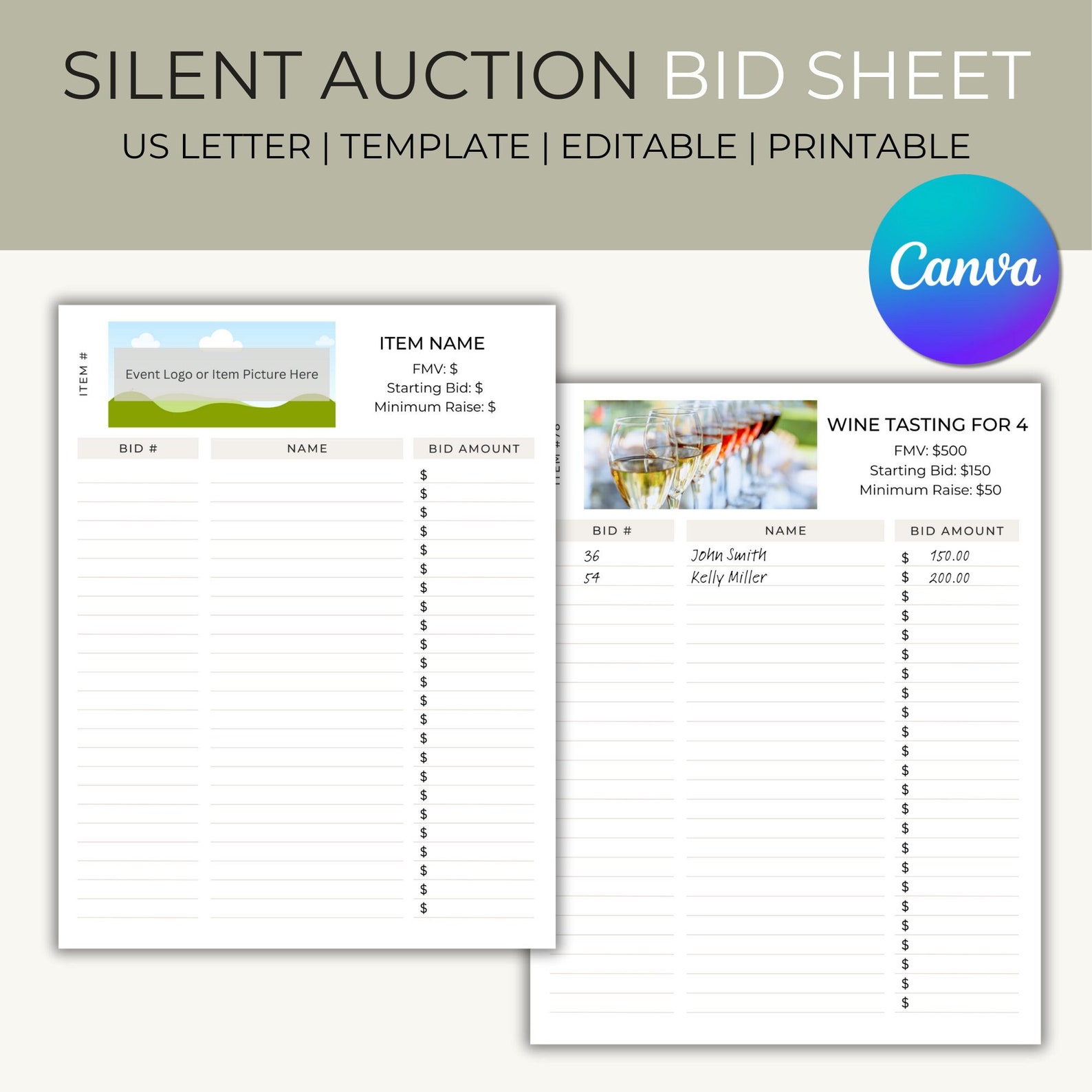 Silent Auction Bid Sheet Template | Fundraiser Flyer (canva Editable ...