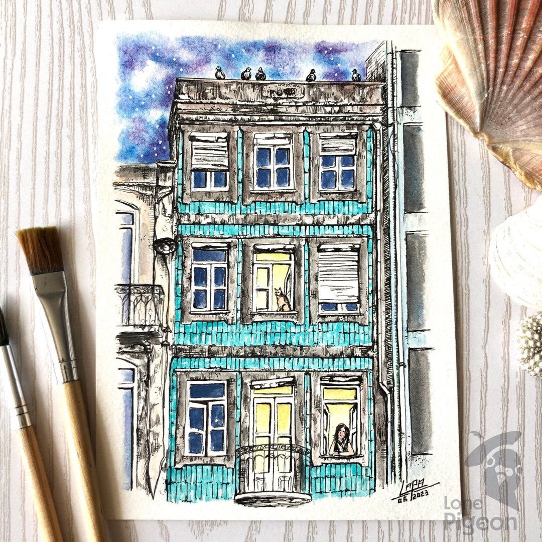 Little Neighbours 5 by 7 Inch Original Ink and Watercolour Wall Art ...