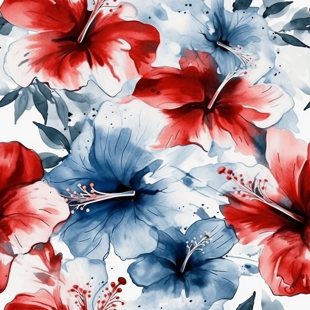 Red, White and Blue Hibiscus Seamless Tile Pattern for Download - Etsy